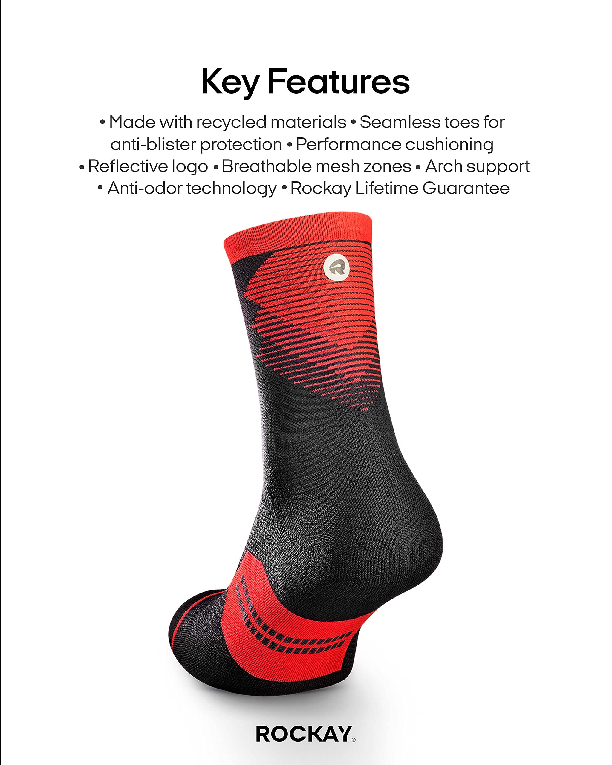 Rockay Razer Trail Running Socks for Men and Women, Cushion, Crew Cut, Arch Support, 100% Recycled, Anti-Odor (1 Pair)