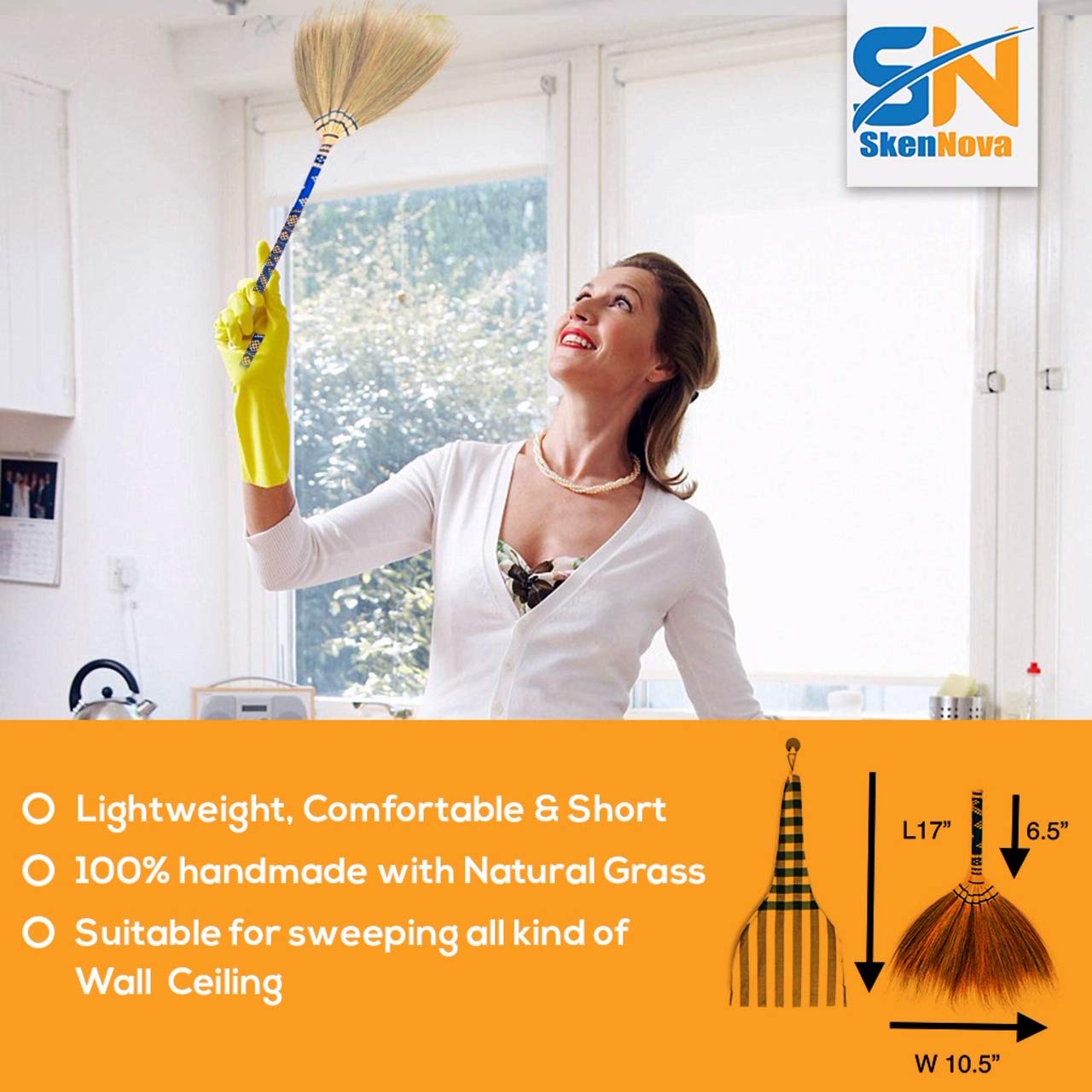 SKENNOVA - 17 inch Tall of Thai Vintage Dusting Brush Broom Asian Grass Broom for dusting Dirt and dust