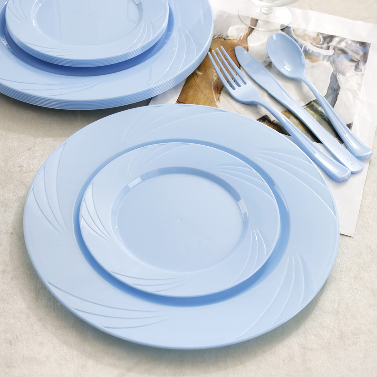 YOUBET 125Pieces Blue Plastic Plates - Blue plates with Blue Silverware Disposable - Include 25 Dinner Plates 25 Dessert Plates 25 Forks 25 Knives 25 Spoons for Birthday Parties &Wedding