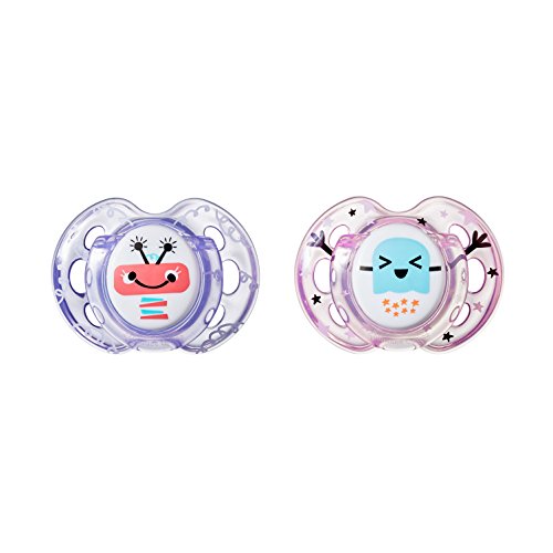 Tommee Tippee Fun Style Pacifiers, Symmetrical Design, BPA-Free Silicone Binkies, 0-6m, 2 Count, Colors and Designs Vary