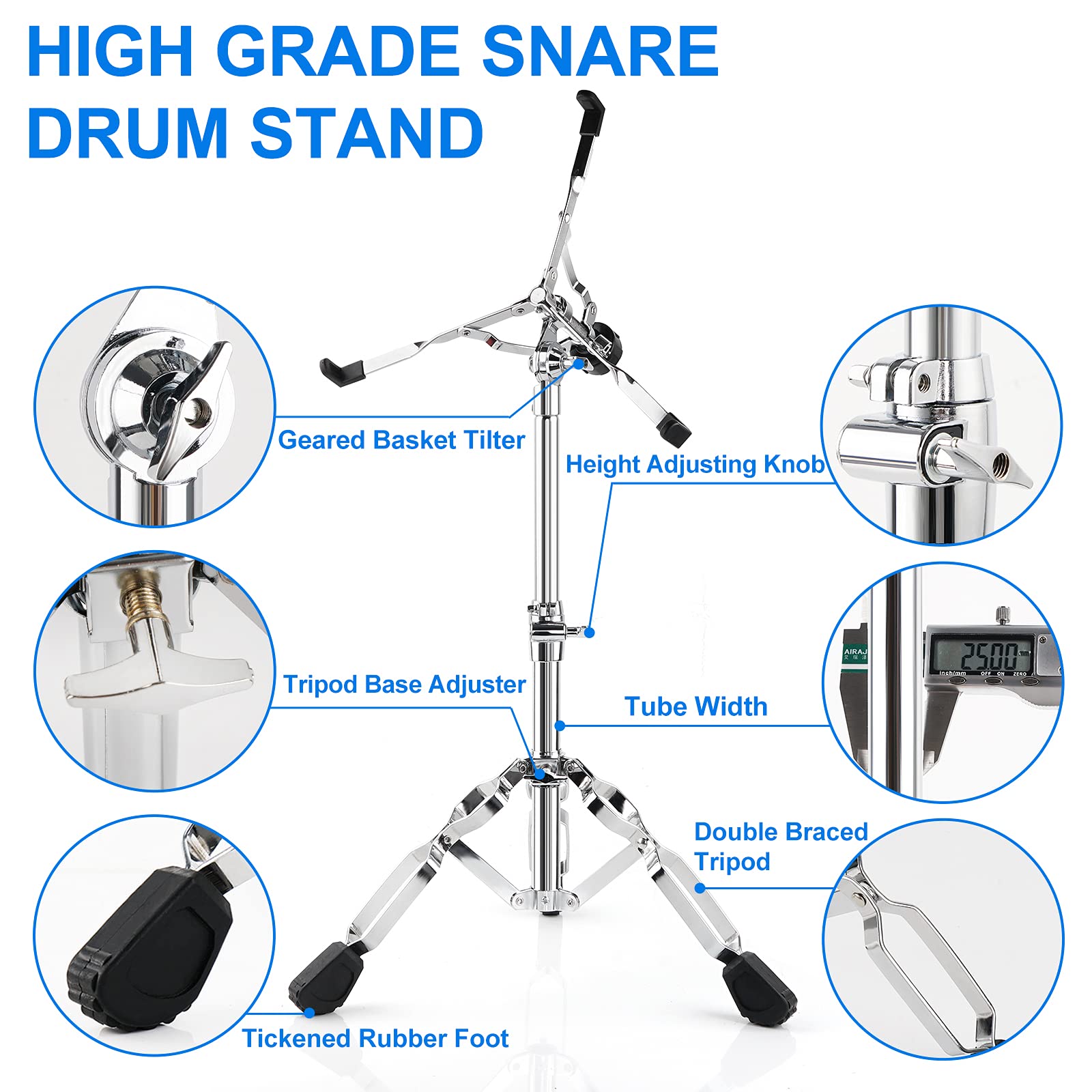 Vangoa Snare Drum Stand Lightweight Double Braced Adjustable Height Snare Stand with Carrying Bag Fit 10" to 15" Dia Drums