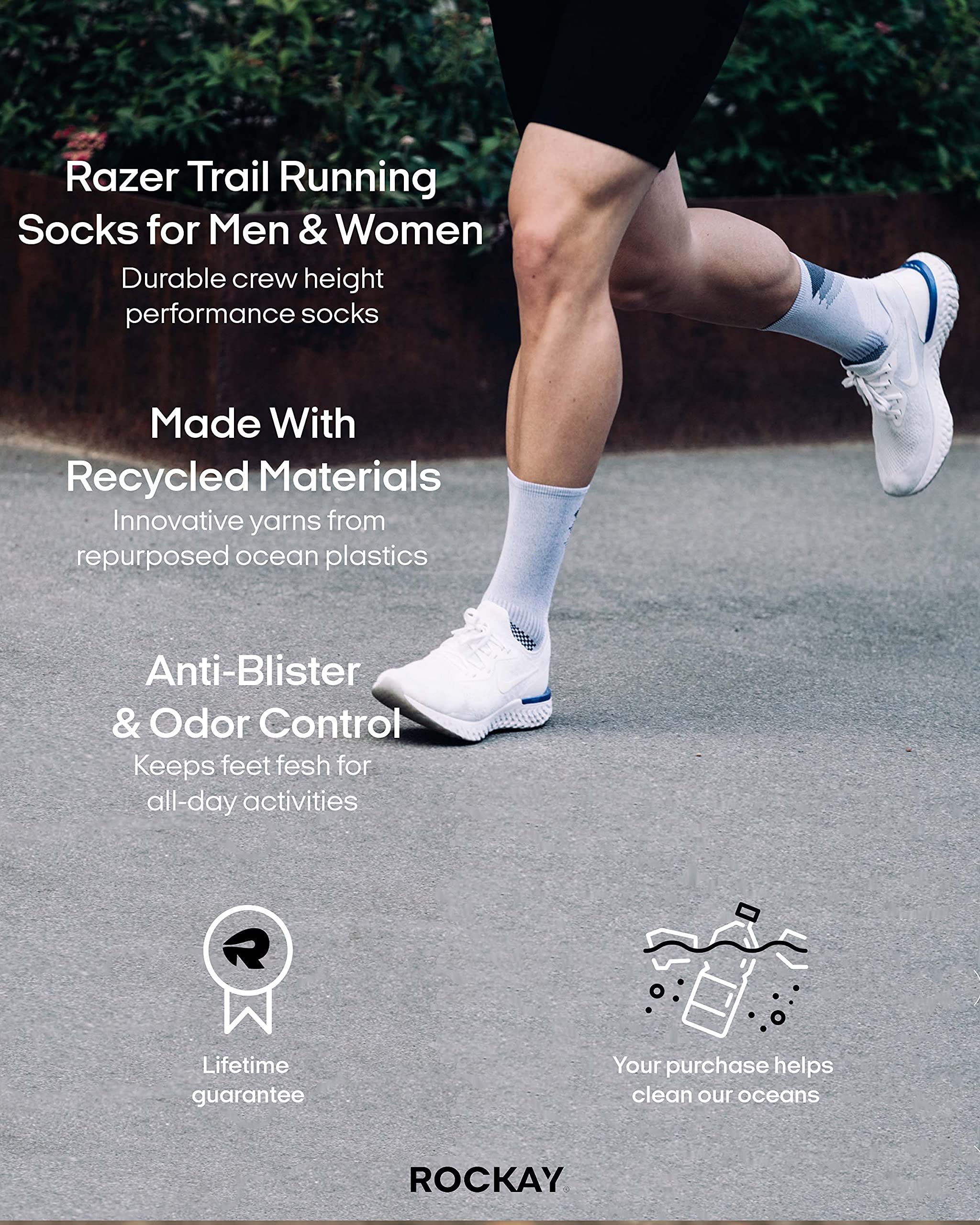 Rockay Razer Trail Running Socks for Men and Women, Cushion, Crew Cut, Arch Support, 100% Recycled, Anti-Odor (1 Pair)