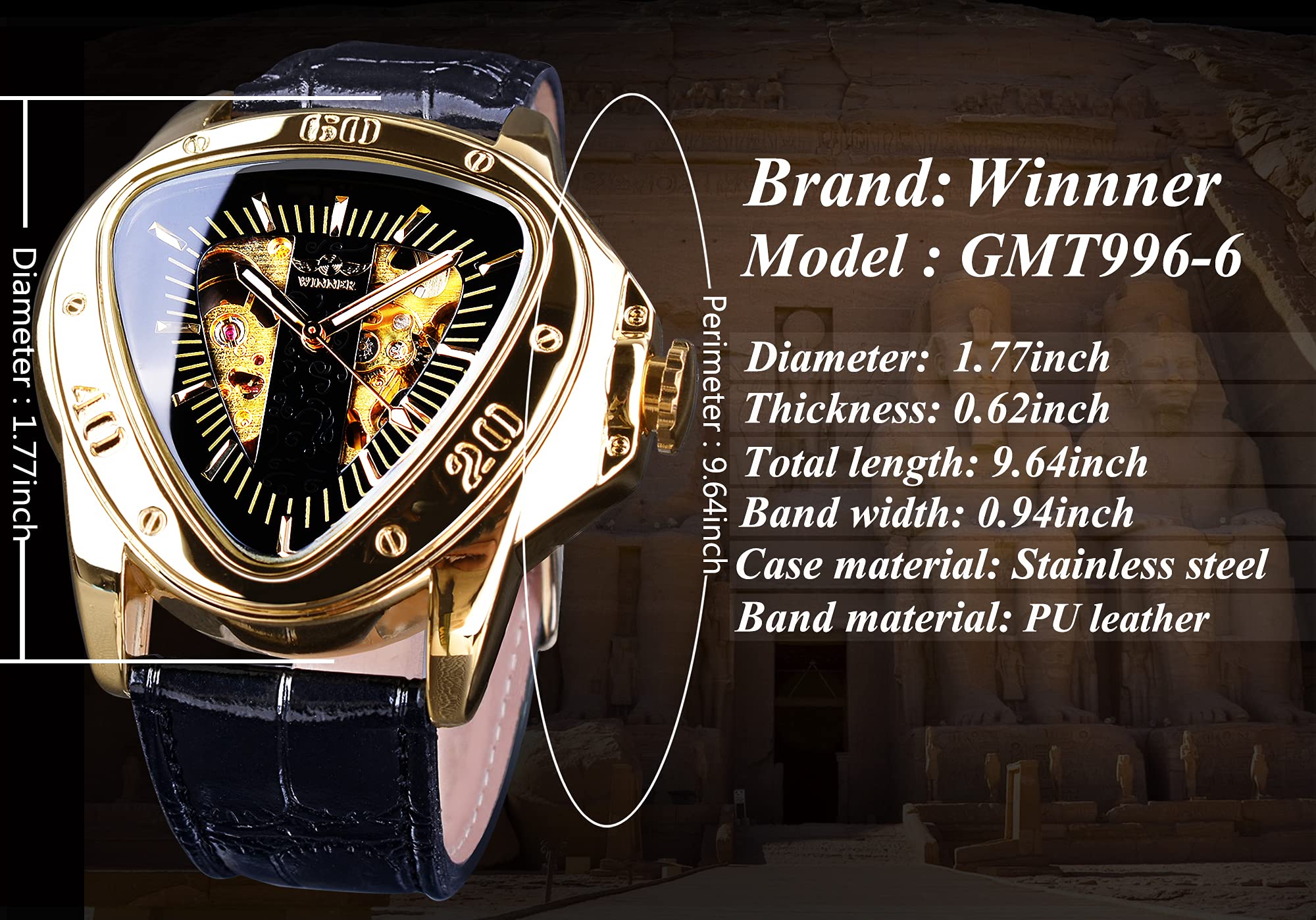 Winner Fashion Mechanical Wrist Watch Triangle Racing Dial, Waterproof Golden Skeleton Dial Automatic Movement Leather Design Mechanical Watch for Men