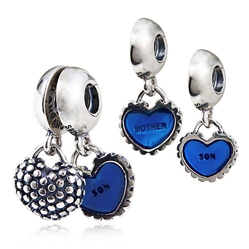 SOUKISS Mother Son Charms Heart Pendant Authentic 925 Sterling Silver Blue Enamel Heart Dangle Bead for European Charms Bracelet