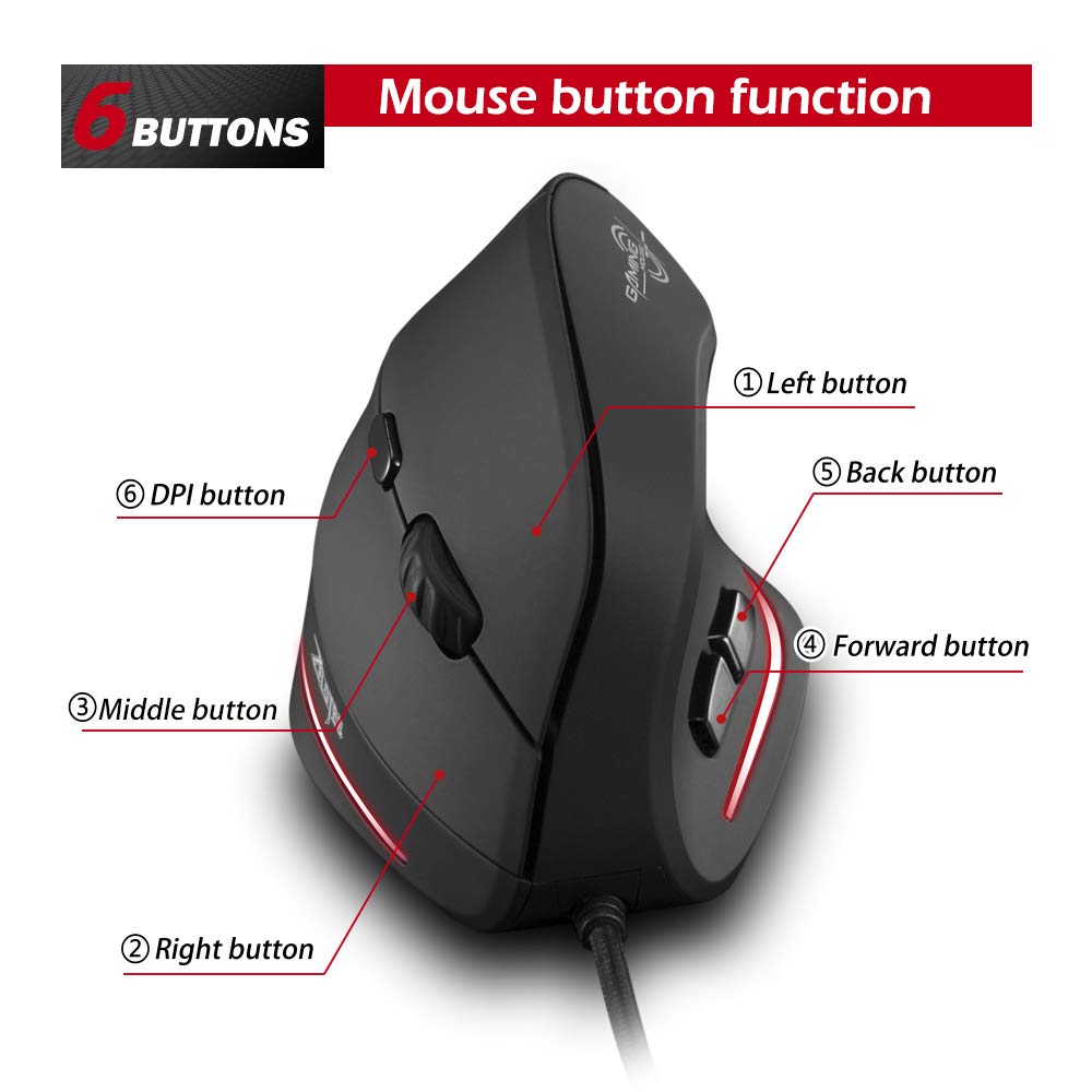 Zelotes 3200DPI Vertical Mouse,4 Adjustable DPI Values Ergonomic Mouse,LED Optical USB Wired Mouse Mice,6 Buttons for Laptop, Computer, PC,MacBook,Black