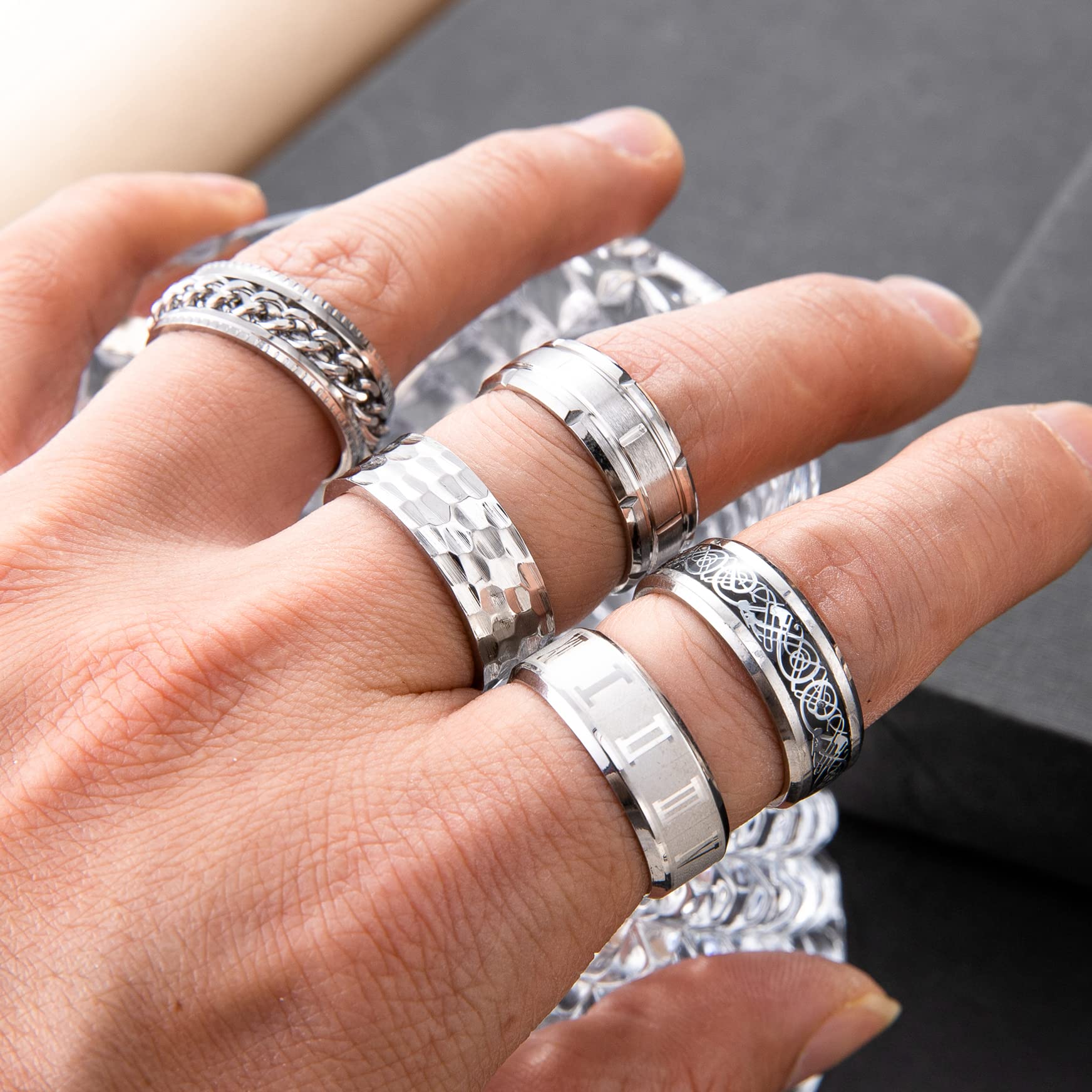 YOVORO 9Pcs Stainless Steel Band Rings for Men Women Fidget Anxiety Relief Rings Spinner Ring Wedding Promise Rings Set S10