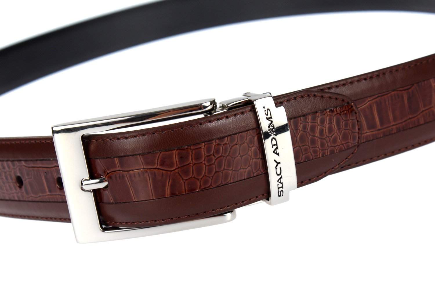Stacy Adams 6-203 Smooth Grain Leather with Croco Embossed Center Detail Mens Adjustable Belt, Polished Nickel Buckle (Cognac)