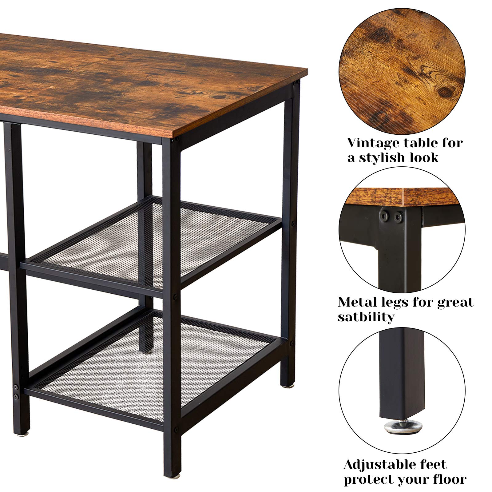 YMYNY Industrial Computer Desk, 47 Inch Large Study Writing Table with 2 Storage Shelves, Home Office PC Laptop Notebook Desk with Bookshelf, Easy Assembly, Rustic Brown UHTMJ33MH
