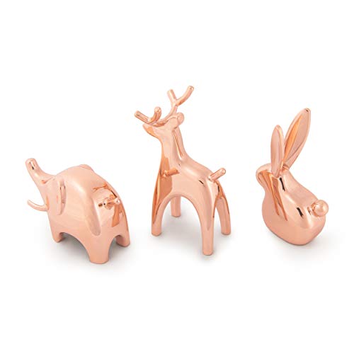 Umbra Anigram Animal Ring Holder for Jewelry (3-Pack containing Bunny, Reindeer and Elephant), Copper, 3 PACK