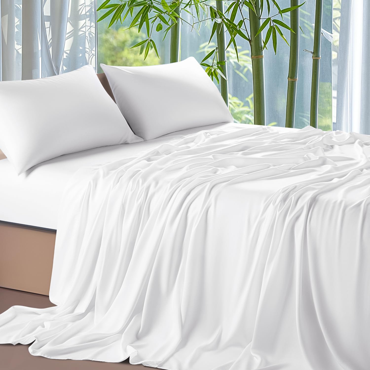 Shilucheng 4-Piece Sheets Set,Rayon Derived from 100% Bamboo_,Cooling & Soft Bed Sheets, Luxury Bedding Sheets & Pillowcases, 16 Inch Deep Pockets (Full,White)