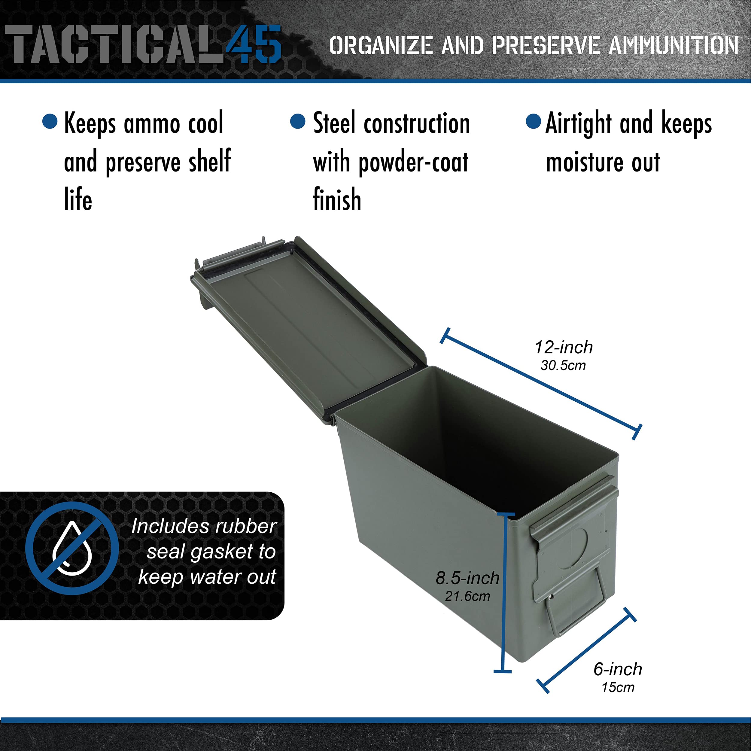 Tactical45 M2A2 50 Cal Ammo Can Army Green Ammo Storage Container with Front Latch System Steel Military Grade Ammo Case