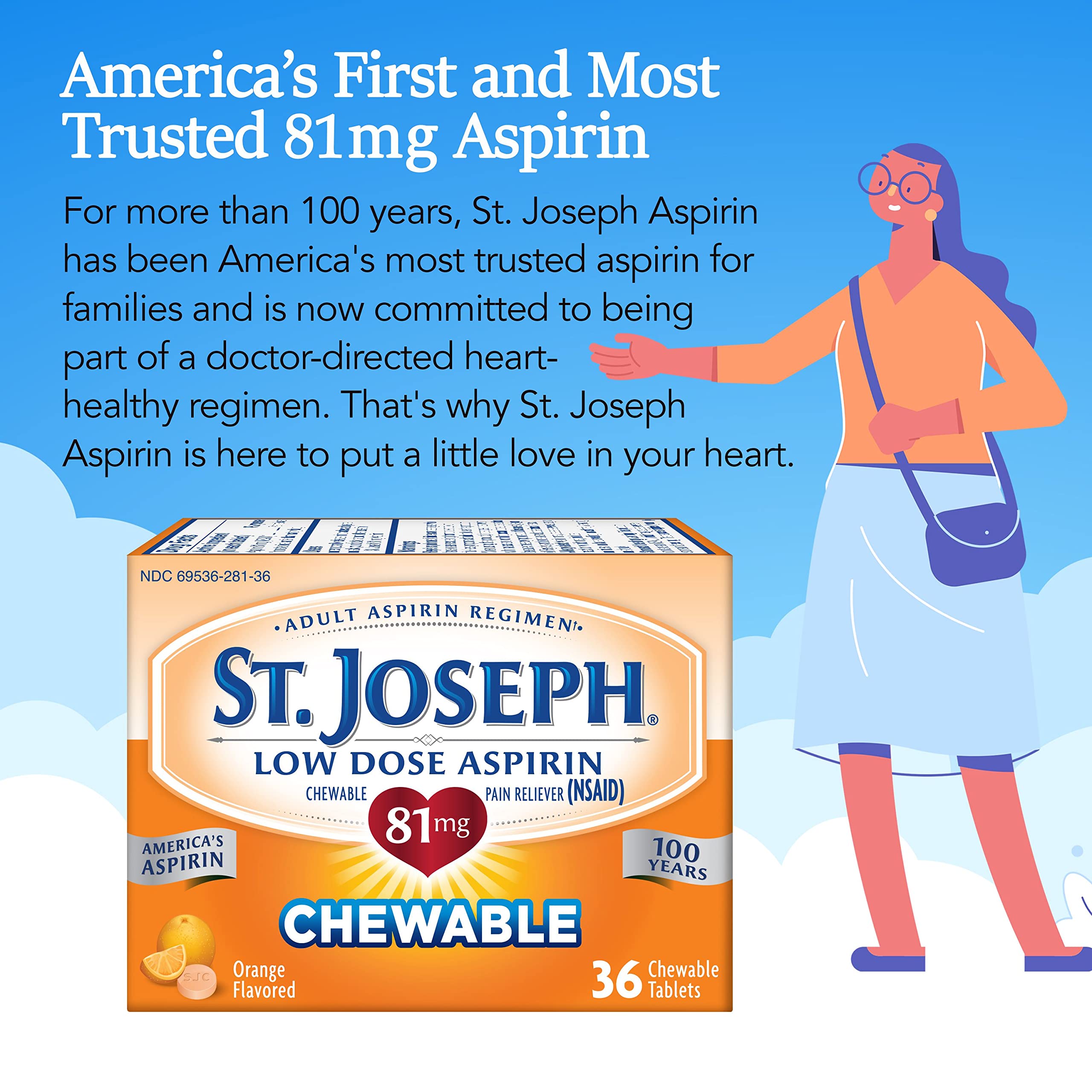 St. Joseph Aspirin Pain Reliever, Chewable Flavored, Low Dose, Orange, 108 Count (69536-181-15)