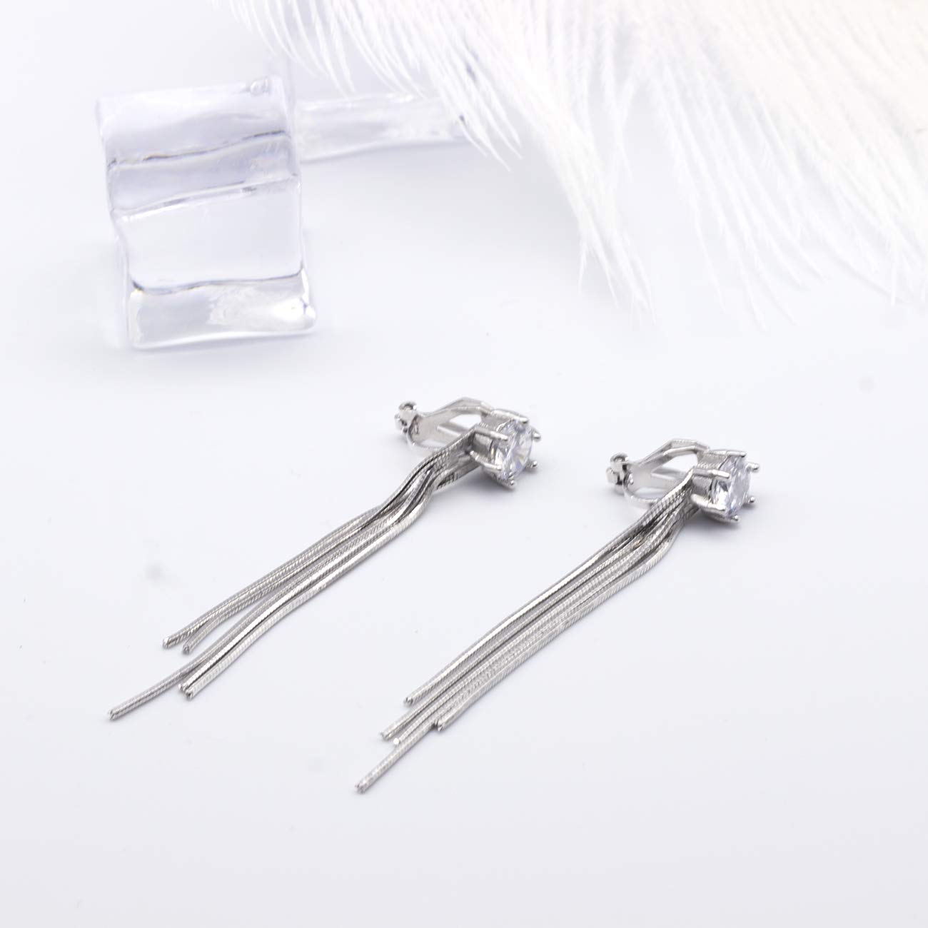 YOQUCOL 7MM Bright Cubic Zirconia Crystal Tassel Dangle Clip On Long Drop Non Pierced Wedding Earrings For Women
