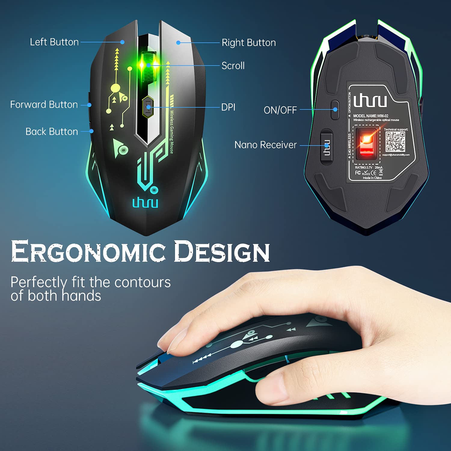 UHURU WM-02Z Wireless Gaming Mouse, 2.4G Wireless Rechargeable Mouse with 6 Programmable Buttons, 5 Adjustable Levels DPI Up to 4800DPI, 7 Colorful LED Lights, Compatible with Notebook, PC, Mac