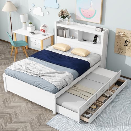 WOXYX Full Size Platform Bed, Wood Beds Frame with Trundle, Drawers and USB Plugs,White