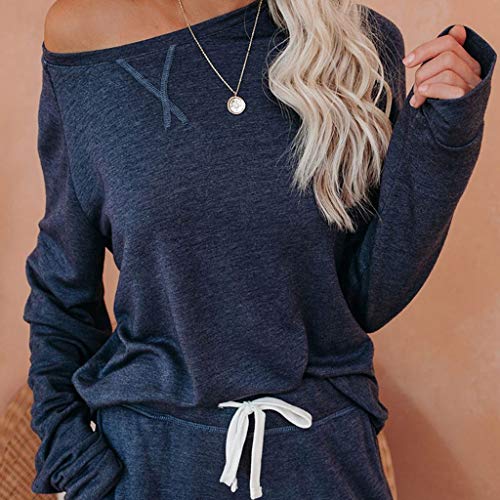 YOCheerful 2Pcs Cotton Blend Women Tracksuit Solid Long Sleeve Tops+Pants Sets with Pockets Leisure Wear Home Wear Suit Navy
