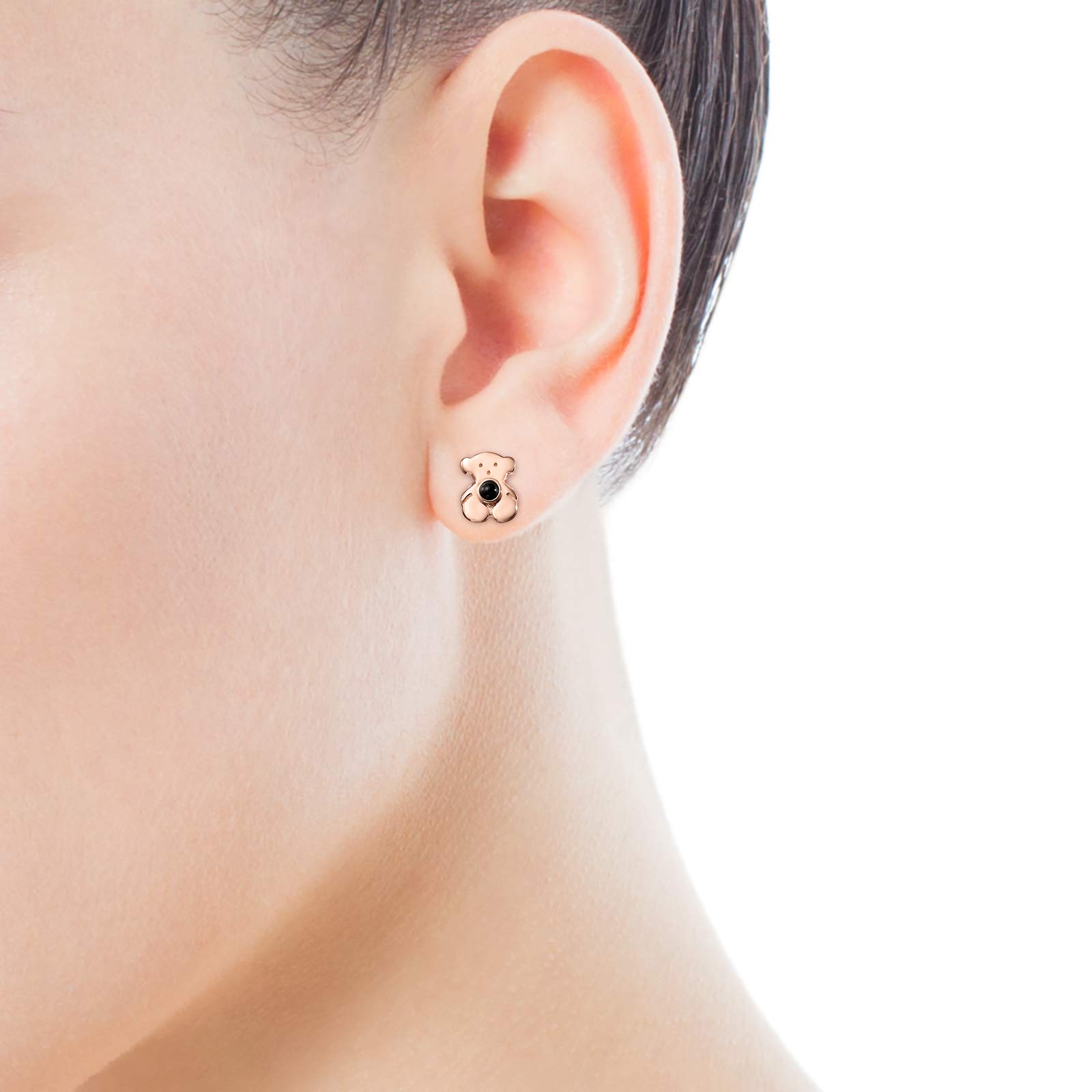 TOUS Real Sisy Earrings in Rose Gold Vermeil with Onyx. Push Back, Size: 0.8 cm