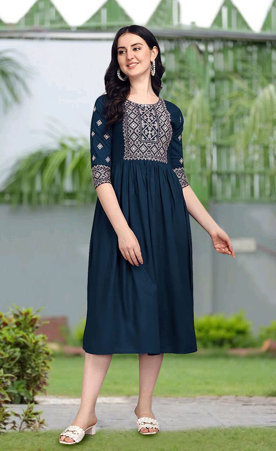TRENDMALLS Women's Rayon Silk Neck Embroidrey Stitched pleated Kurta/Kurti For Women R17-L