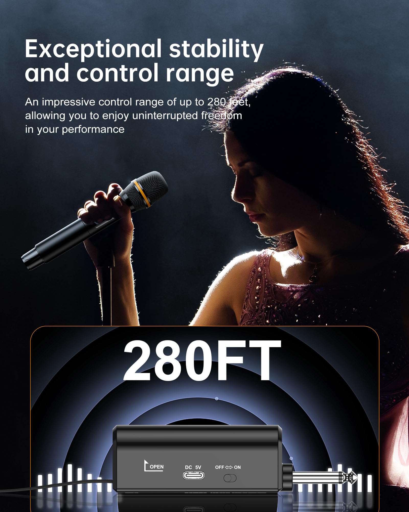 Wireless Microphone System, Metal UHF Dual Cordless Dynamic Mic System, Professional Handheld Karaoke Microphone with Rechargeable Receiver for Singing, Voice Amplifier, PA , Church (280ft Range)