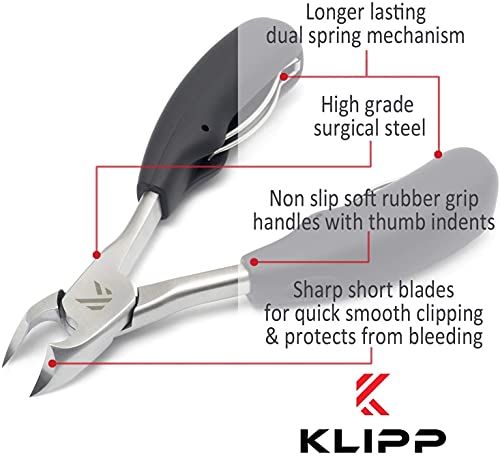 Toe Nail Clippers for Thick Nails β KLIPP Toenail Clippers Ingrown and Cuticle Nipper Trimmer Made of Rustproof Stainless Steel with Short Curved Blades, Ergonomic TPU Grips and Dual Spring Mechanism