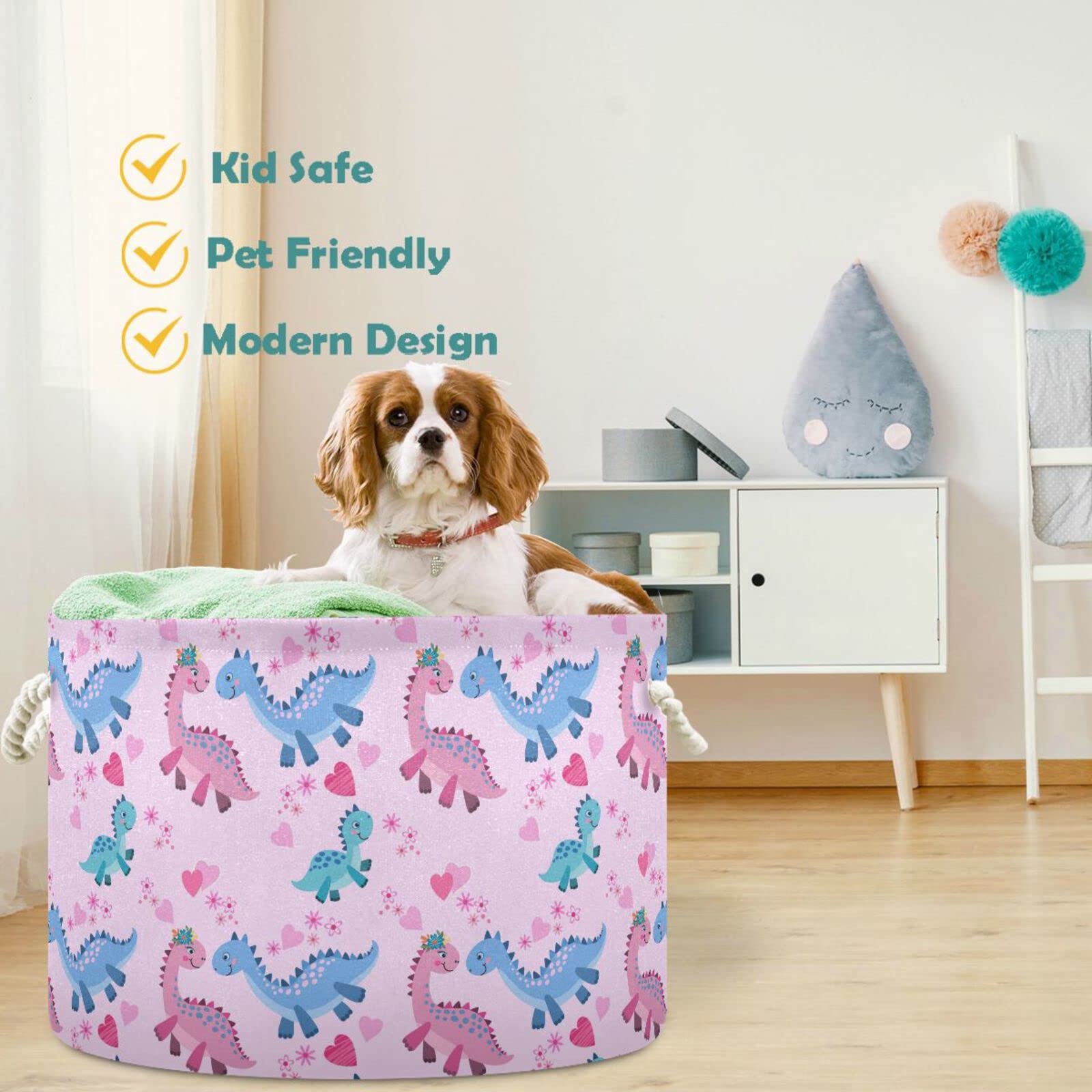 visesunny Cute Pink and Blue Dinosaur with Heart Laundry Baskets Fabric Storage Bin Storage Box Collapsible Storage Basket Toy Clothes Shelves Basket for Bathroom,Bedroom,Nursery,Closet,Office
