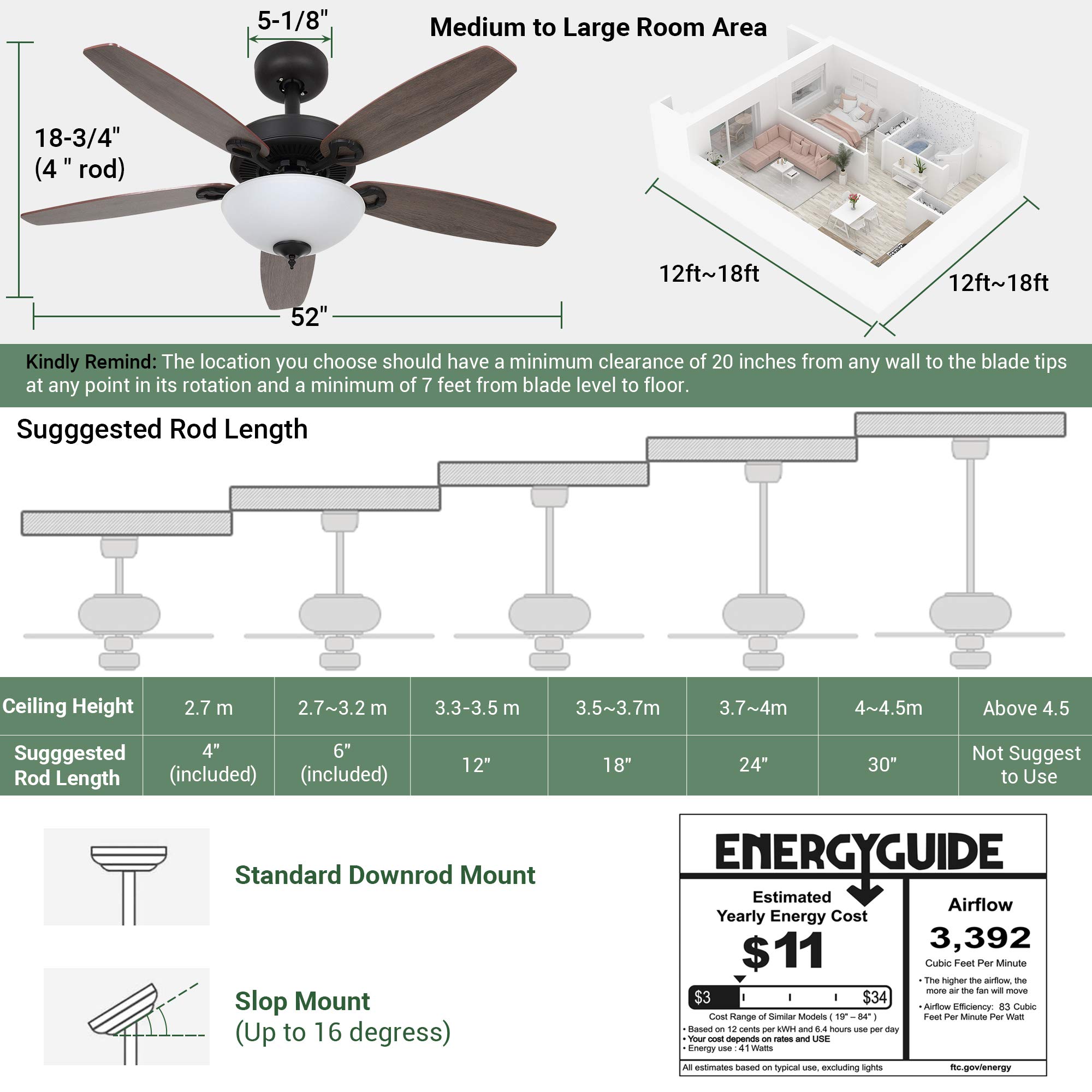 SOLTRONICS Ceiling Fan 52 inch with Light and Remote LED Ceiling Fan with Dimmable Bulb Reversible Walnut/Sand Oak Blade Indoor Use, Brushed Nickel