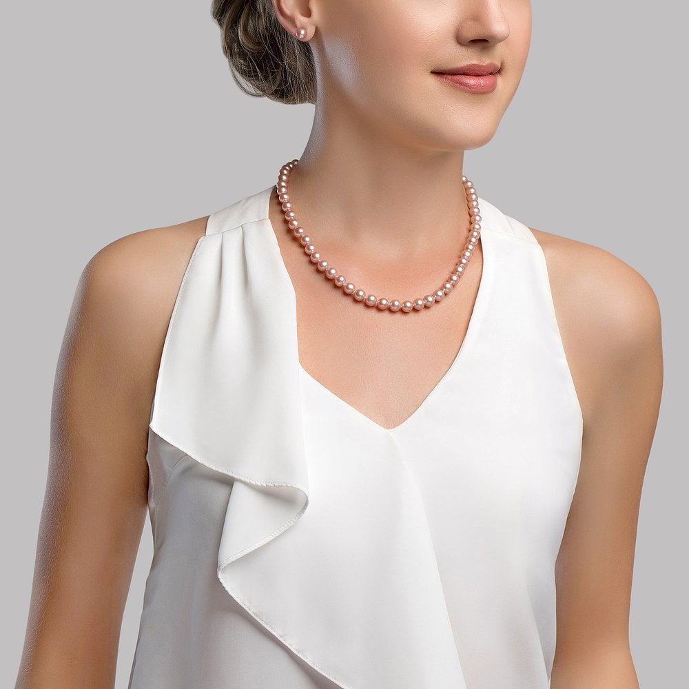 The Pearl Source 14K Gold 7-8mm AAAA Quality Pink Freshwater Cultured Pearl Necklace for Women in 18" Princess Length