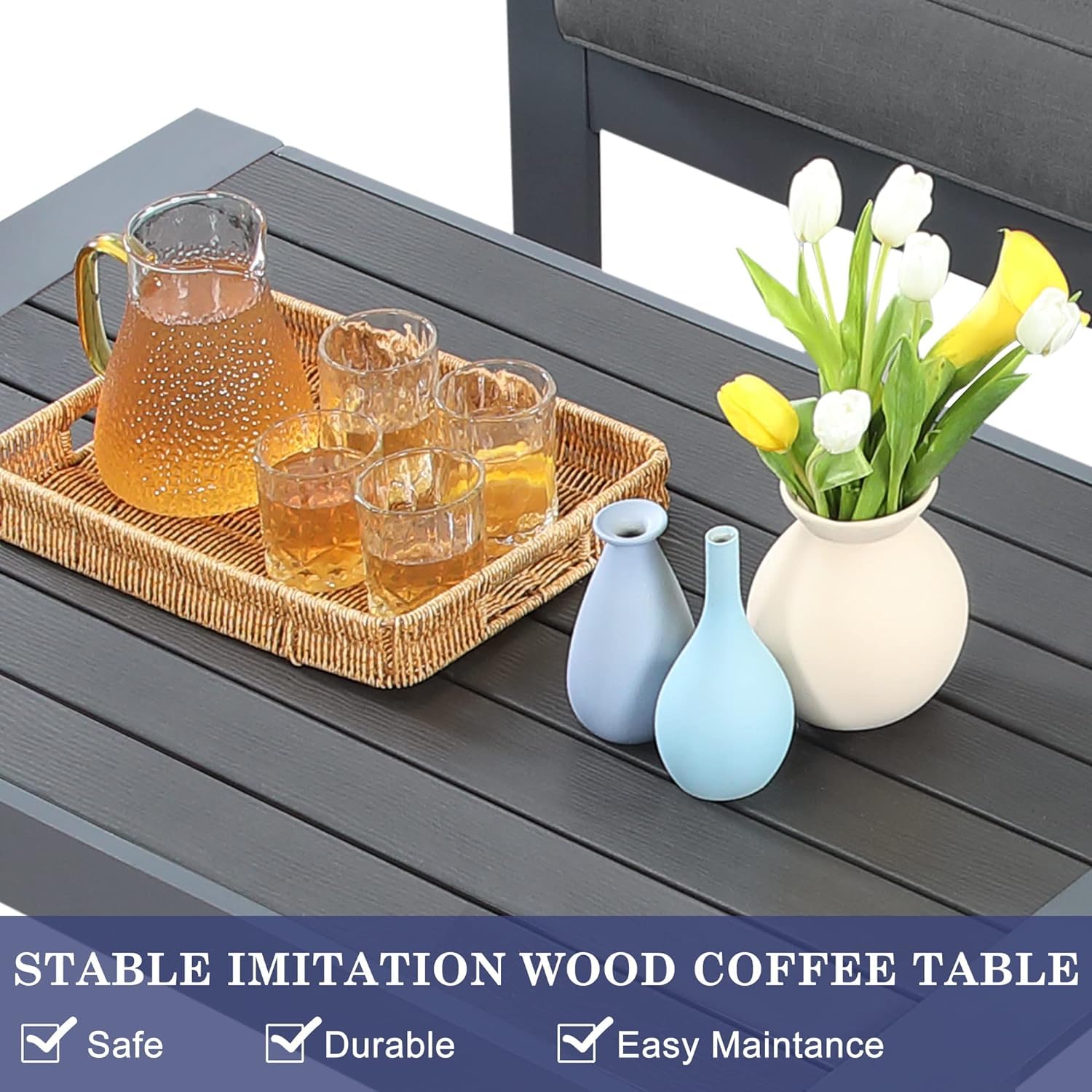 Wisteria Lane Aluminum Outdoor Patio Furniture Set, Modern Patio Conversation Sets, Outdoor Sectional Metal Sofa with 5 Inch Cushion and Coffee Table for Balcony, Garden, Dark Grey