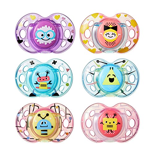 Tommee Tippee Fun Style Pacifiers, Symmetrical Design, BPA-Free Silicone Binkies, 6-18m, 2 Count, Colors and Designs Vary