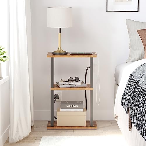 TUTOTAK Small Narrow Side Table with Charging Station, Skinny End Table for Small Spaces, Slim Nightstand with USB Ports and Outlet, Sofa Beside Table with Wheels, Brown TB01BB046