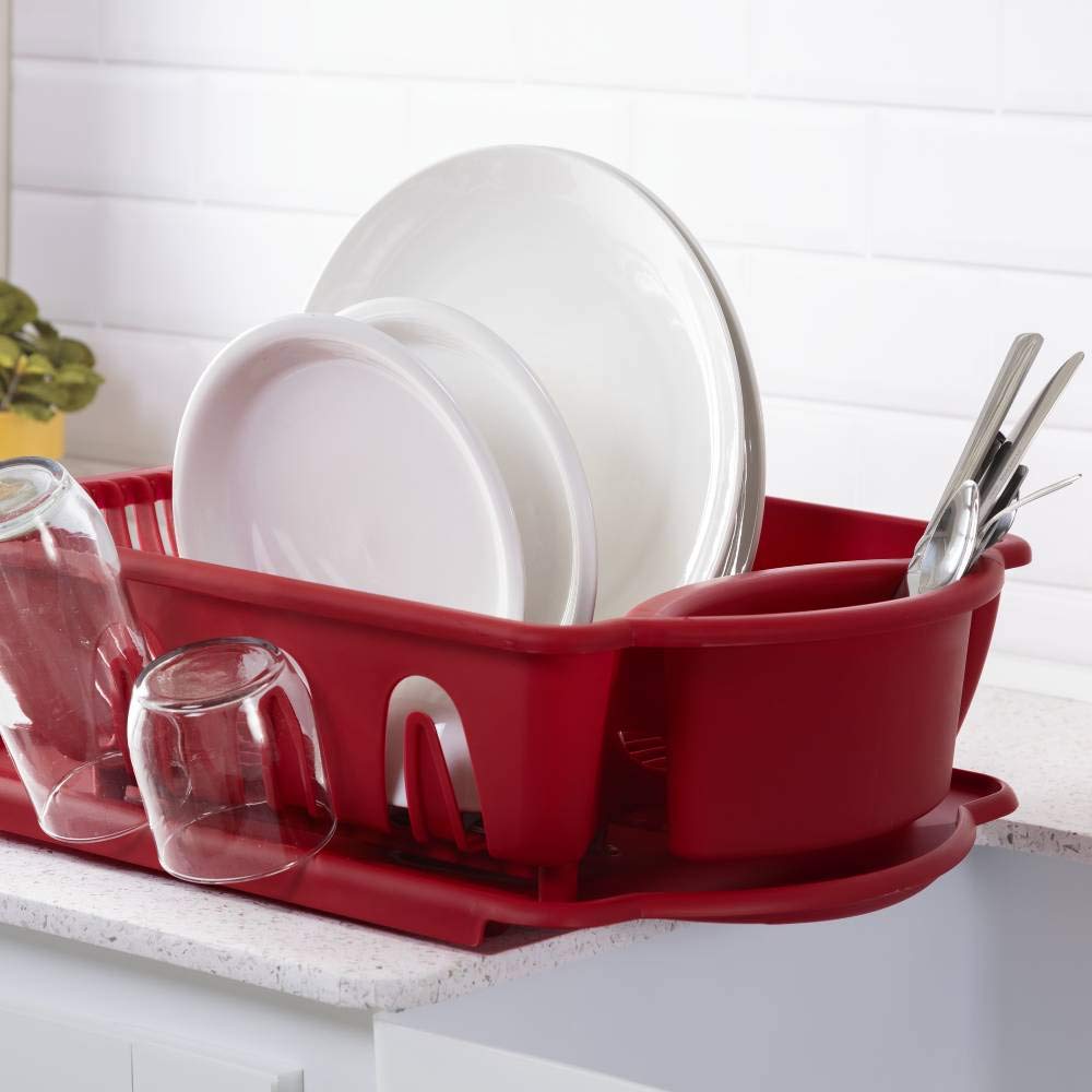 Tribello Sink Dish Drying Rack, Heavy Duty Hard Plastic Sink Set with Drainer (Red)