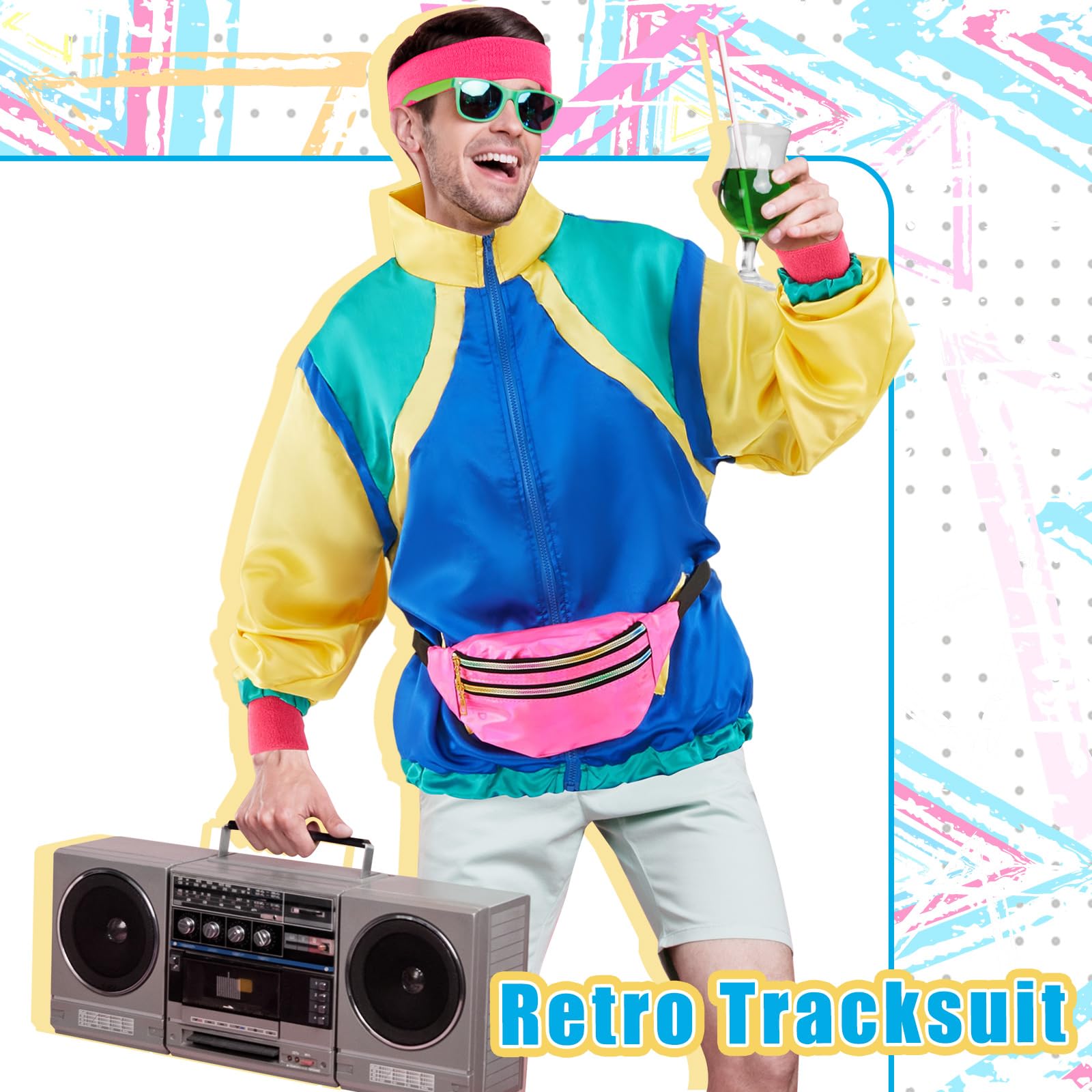 Shinymoon 4 Pcs Women 80s 90s Rave Outfit Retro Workout Costumes Unisex Windbreaker Jacket Waist Bag Headband(Blue, Medium)