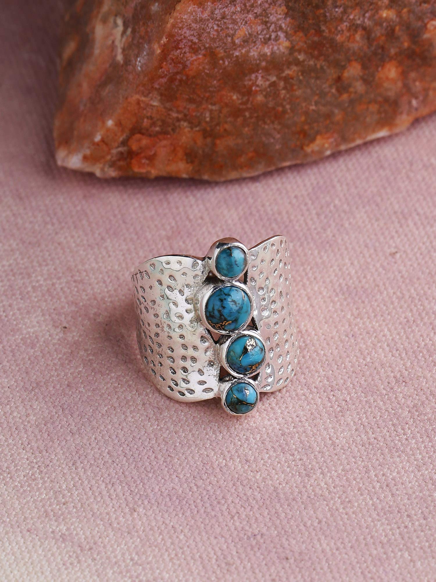 YoTreasure .925 Sterling Silver Blue Copper Turquoise Hammered Wide Band Boho Ring