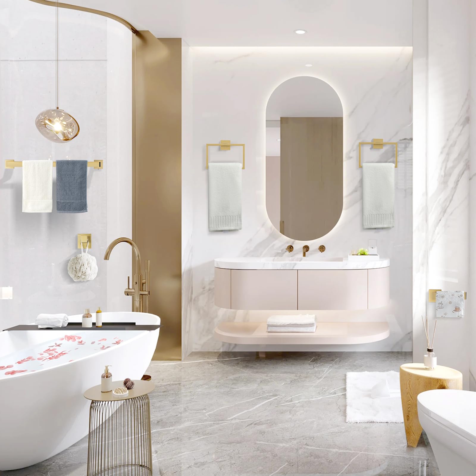 TURS 5-Pieces Bathroom Hardware Set Brushed Gold Towel Bar Set Include Single Towel Bar 2 Towel Rings Toilet Paper Holder and Towel Hook, Stainless Steel Towel Holder Set Wall Mount