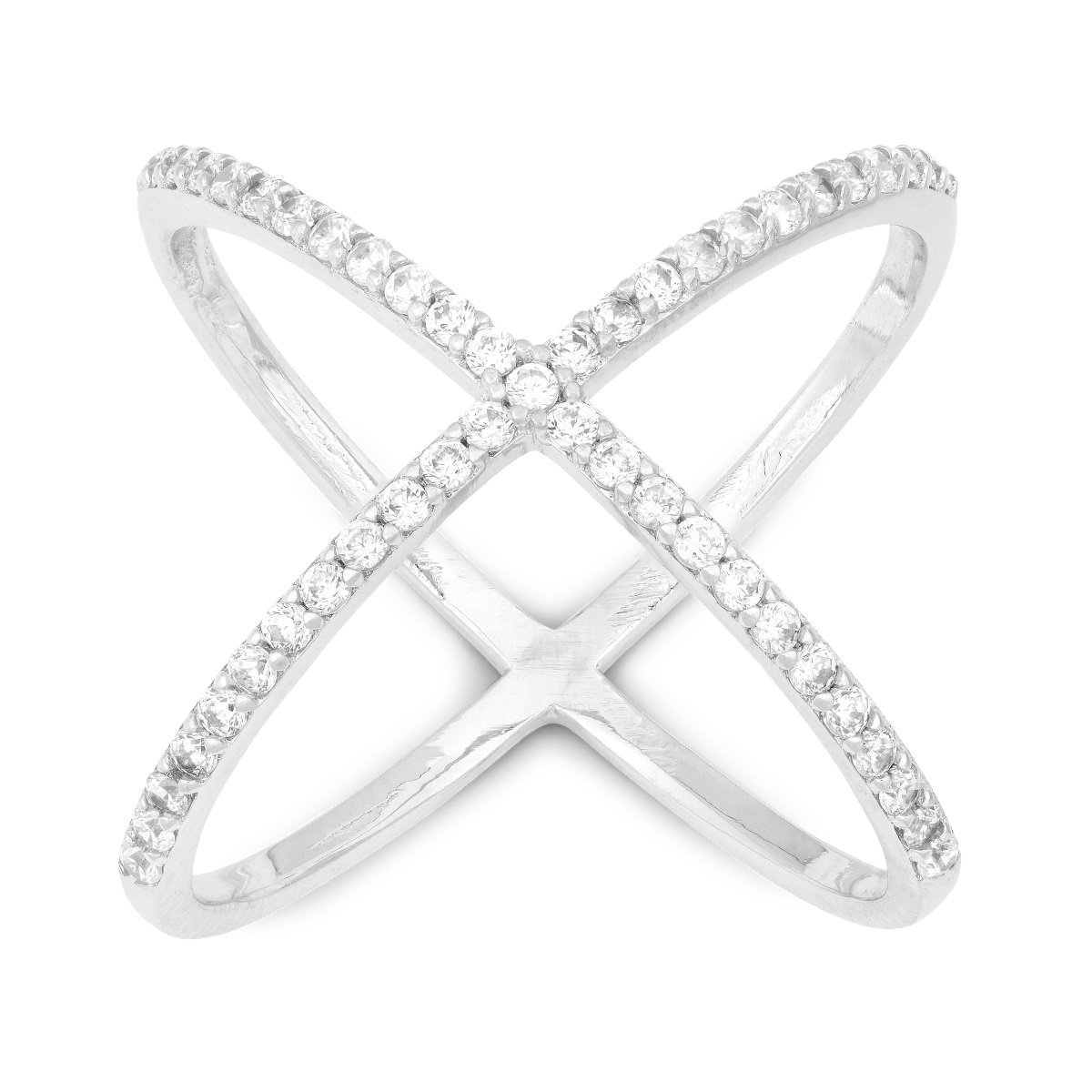 Sterling Silver CZ "X" Criss Cross Wide Ring (Size 8)