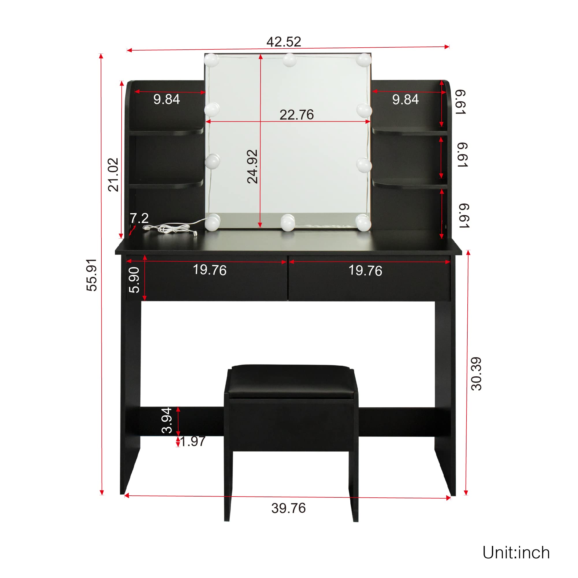 Tiophome Makeup Vanity Desk with LED Mirror & 10 Lights, Large Storage with 2 Drawer & 6 Open Shelves, Adjustable Brightness, Bedroom Dresser Dressing Table, Black
