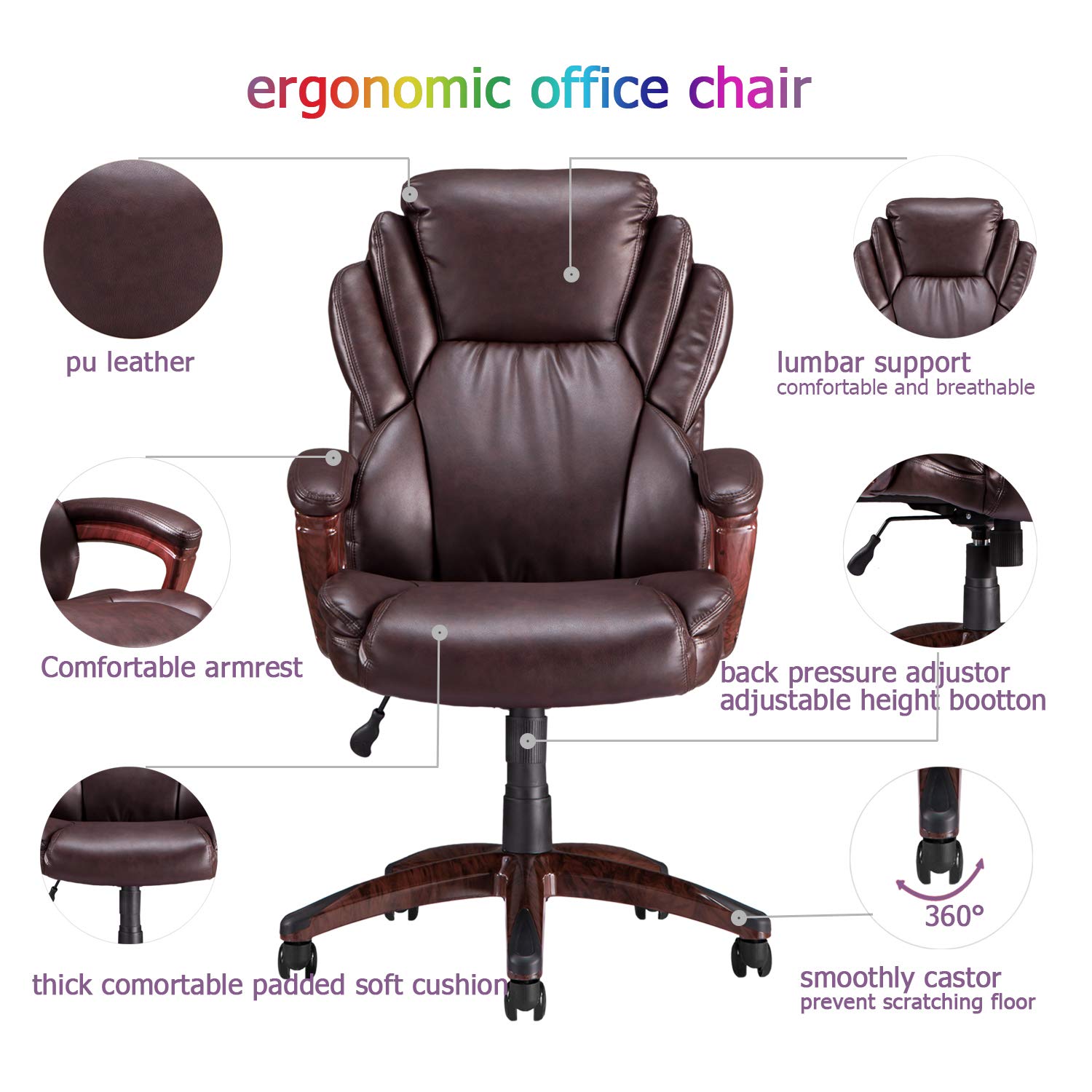 XIZZI Office Chair,Computer Chair, Adjustable Swivel Desk Chair,High Back Office Chair with Wheels and Arms (Brown)