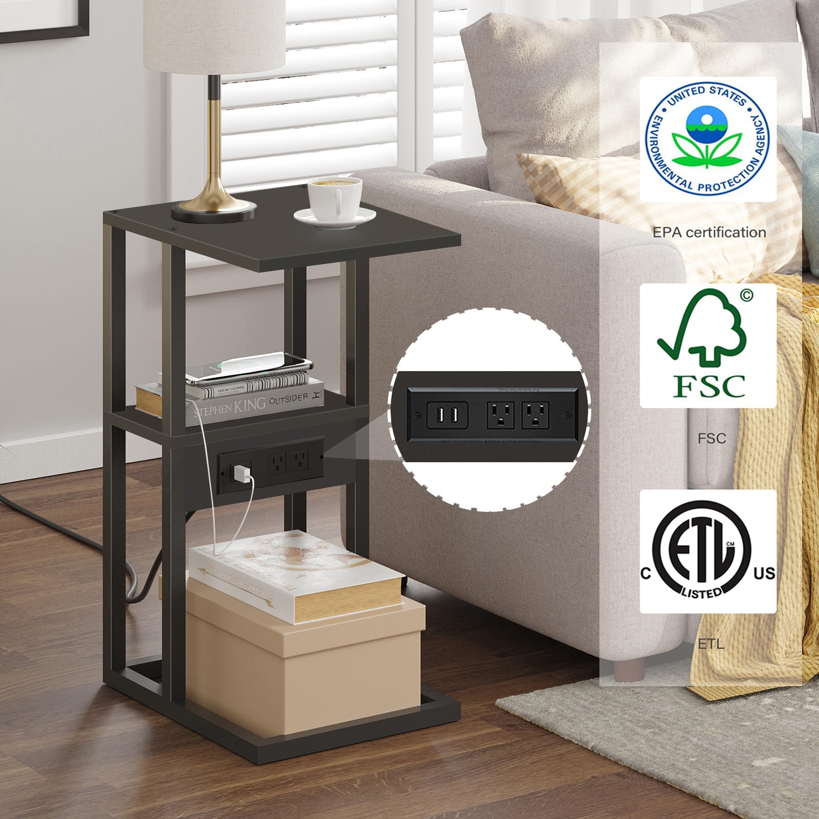 TUTOTAK Side Table with 2 USB Ports and Outlets, C Shaped End Table with Charging Station, Snack Table for Couch and Bed, Small Sofa Table for Small Spaces, Living Room, Bedroom, Greige TB01BG043