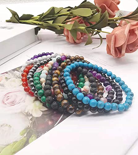 WAINIS 12Pcs 6mm Gemstone Beaded Bracelets for Women Tiny Crushed Stone Crystal Bracelet Beaded Couples Stretch Unisex Stretch Bracelets Jewelry
