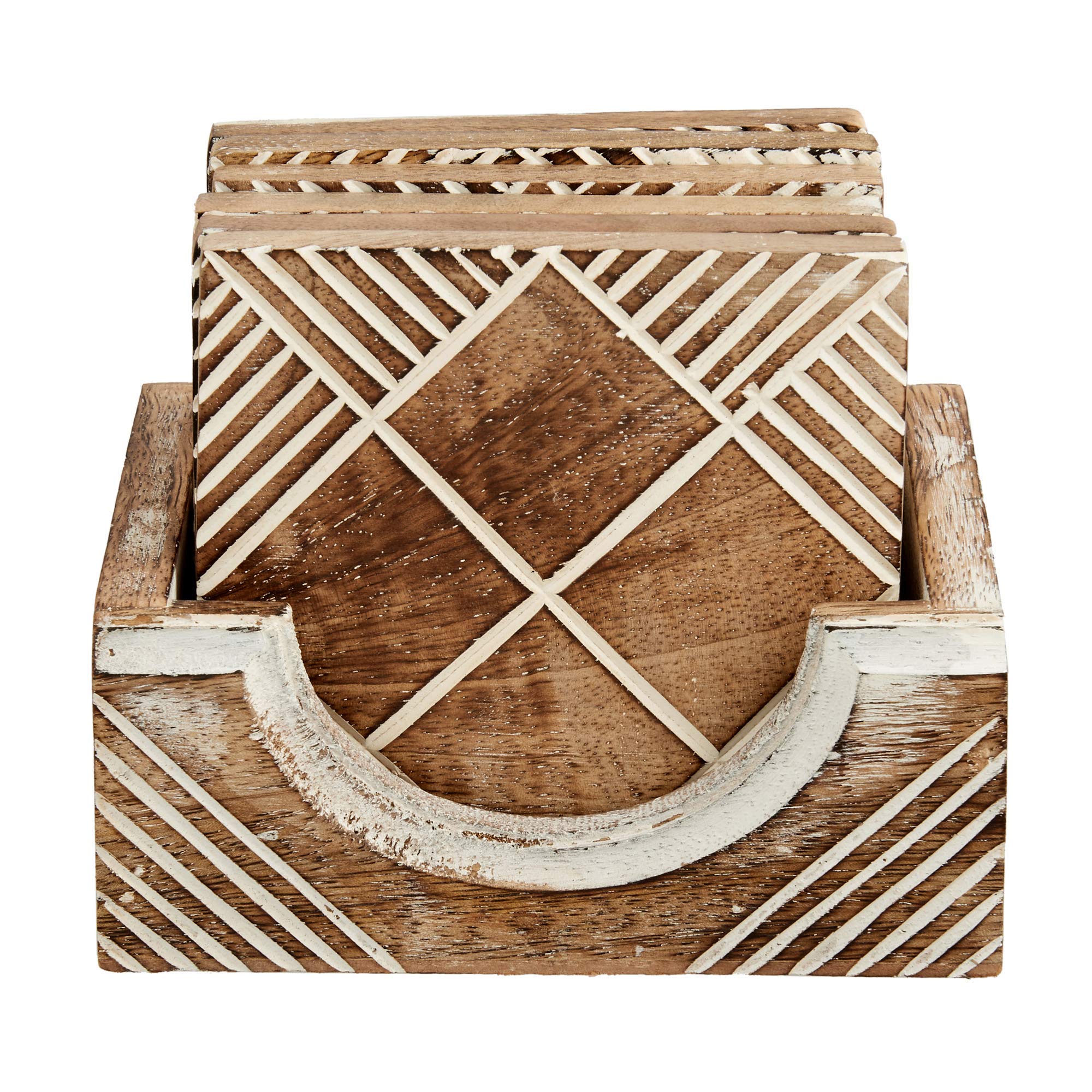 White Shabby Chic Drink Coasters Set of 4 | Wooden Coaster Set with Rustic White Tinge Lines | Tabletop Protection, Protect Countertop and Surfaces from Water Marks or Damage | Home & Office