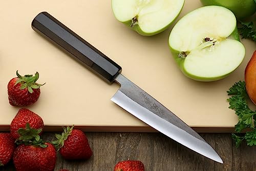 Yoshihiro Kurouchi Black-Forged Blue Steel Stainless Clad Petty Utility Knife Ebony Handle (5.3'' (135mm) & No Saya)