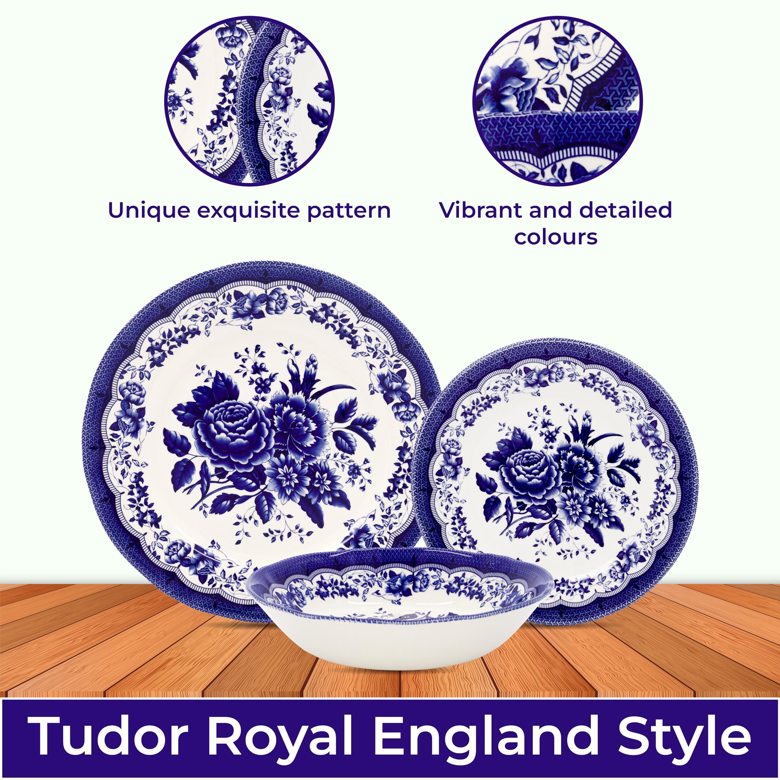 TUDOR ROYAL 12-Piece Porcelain Round Dinnerware Set, Service for 4, VICTORIA BLUE Design, Blue Floral, Plates Bowls Dishes, Premium Quality Tableware, Unique Pattern, Glossy