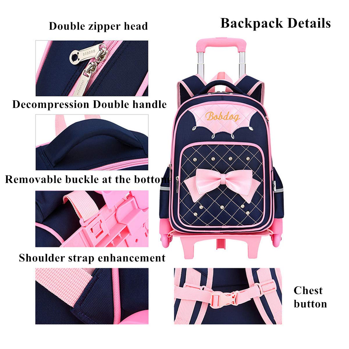 VIDOSCLA 2Pcs Cute Print Bowknot Trolley Backpack Elementary Middle School Rolling Bag Wheeled BookBag for Kids Girls