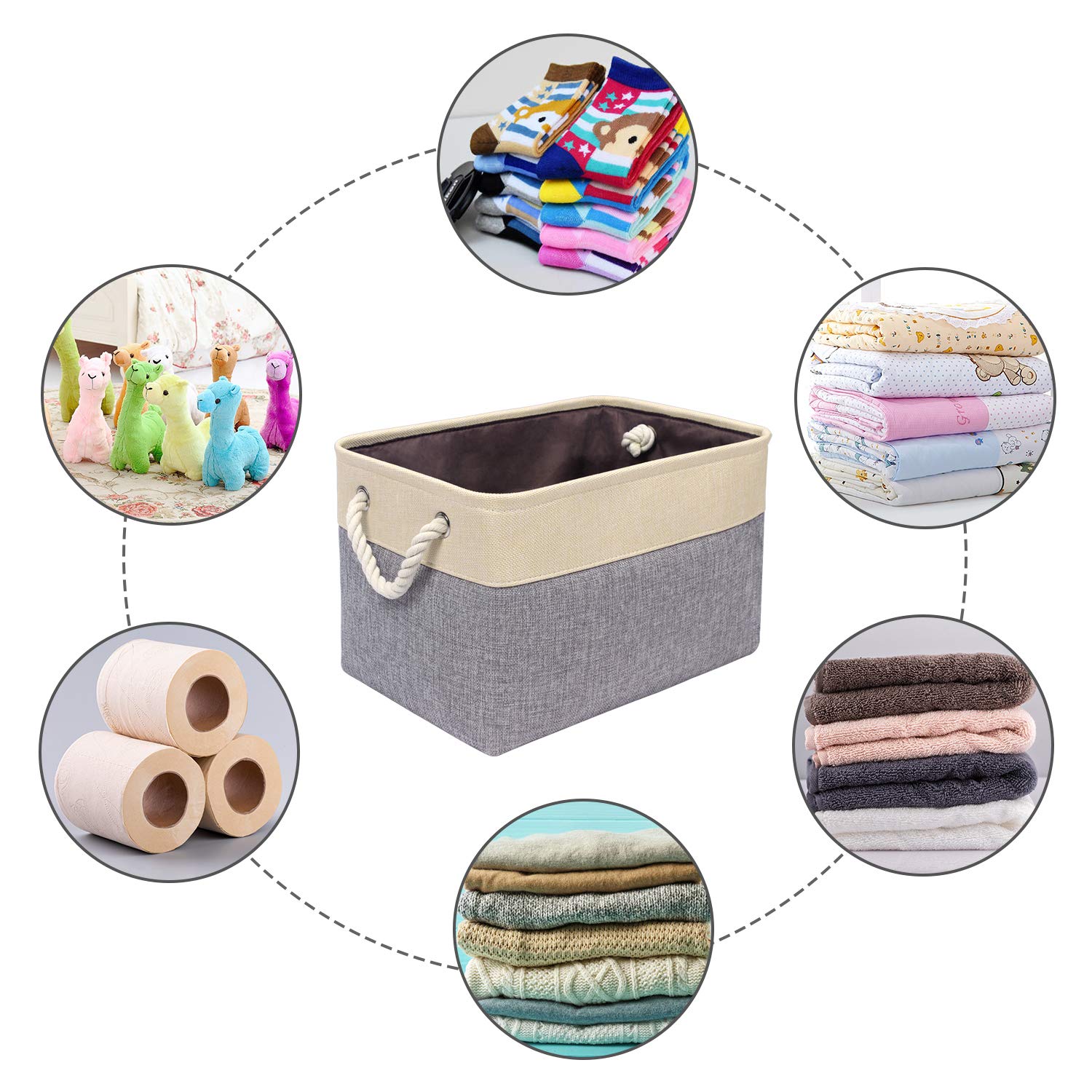 Univivi 4-Pack Storage Large Basket Set Foldable Storage Bins with PU Handles Rectangle Fabric Organizer Bins (Rope Handles-Gray, 15 Inch)