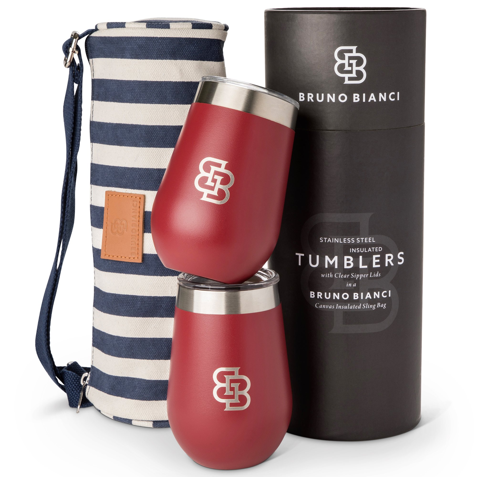 Wine Tumbler with Lid Insulated Set of 2 - Perfect Glft for women or men. Includes Portable Durable Tote for Boating, Beach, Travel Designed by Bruno Bianci