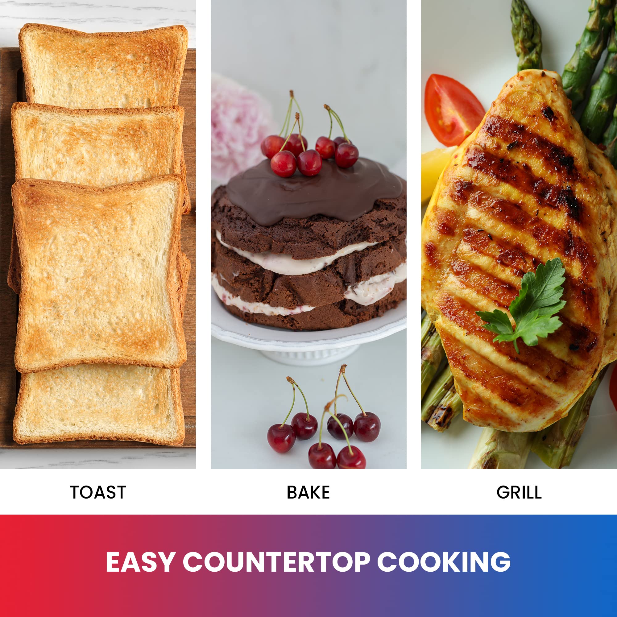 Total Chef Toaster Oven 4 Slice Small Compact Kitchen Appliance Pizza Bake Toast Rost Broil Bread toaster auto shutoff Crumble tray Natural Convection Countertop Black And Stainless Steel