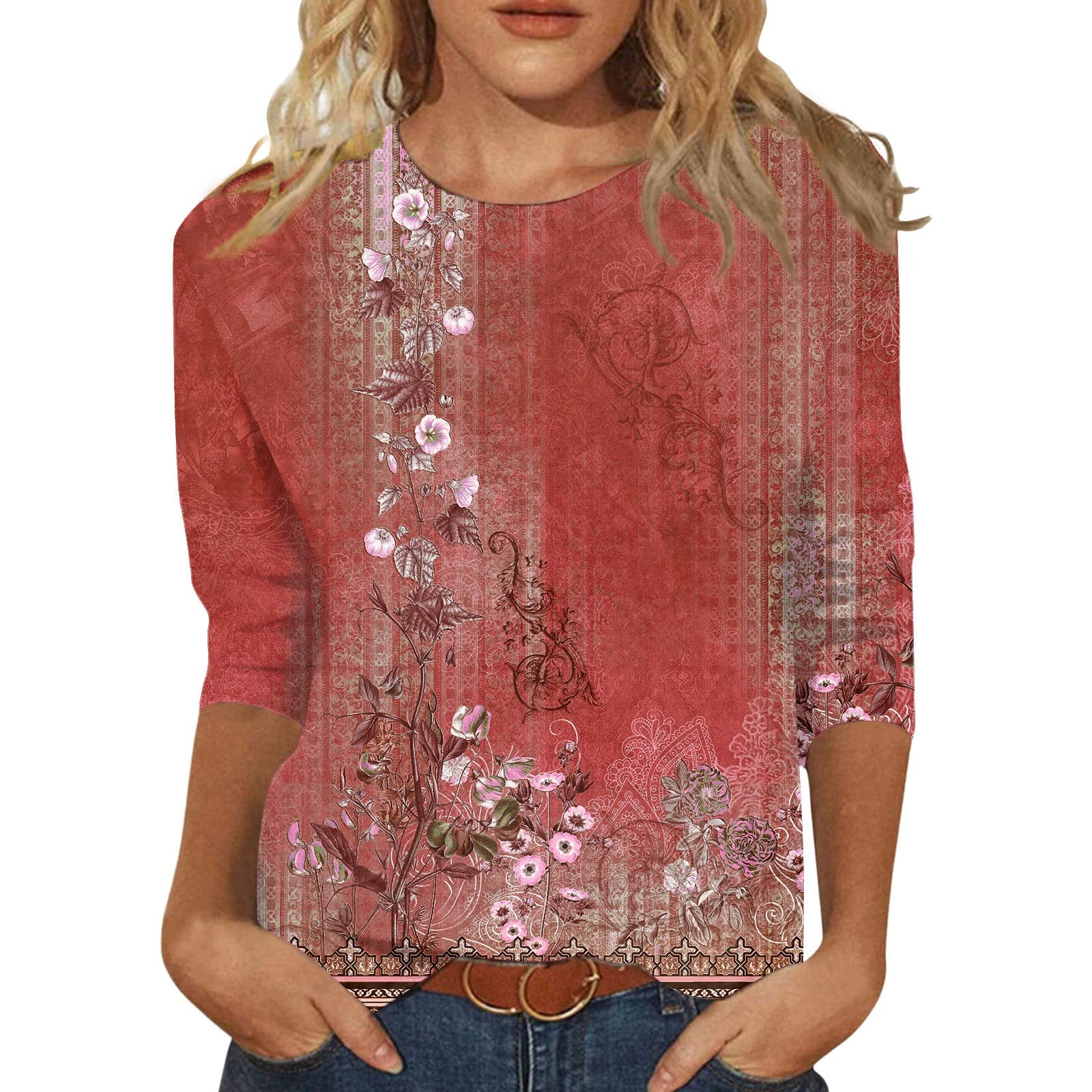 Womens Fall Tops,Fall Fashion Womens Shirts Womens Fall Fashion 2023 Womens 3/4 Sleeve Tops Crewneck Cute Retro Printing Loose Novelty Pullover Blouse Vintage Printed Womens Pullover Wine,M