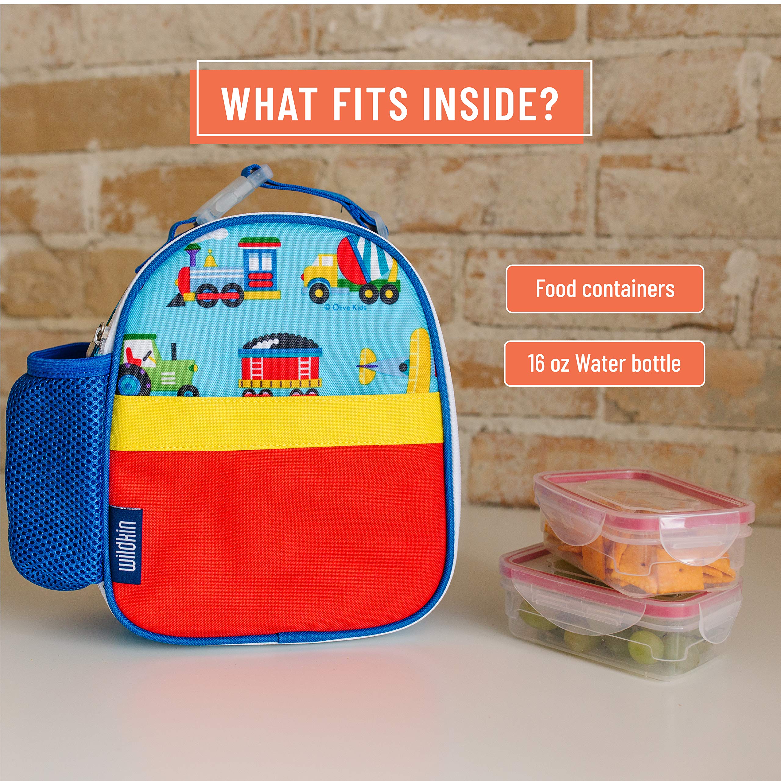Wildkin Clip-In Lunch Box and Nesting Snack Container Bundle with Ice Pack and 16 Oz Water Bottle: Your Complete Mealtime Companion (Trains, Planes & Trucks)