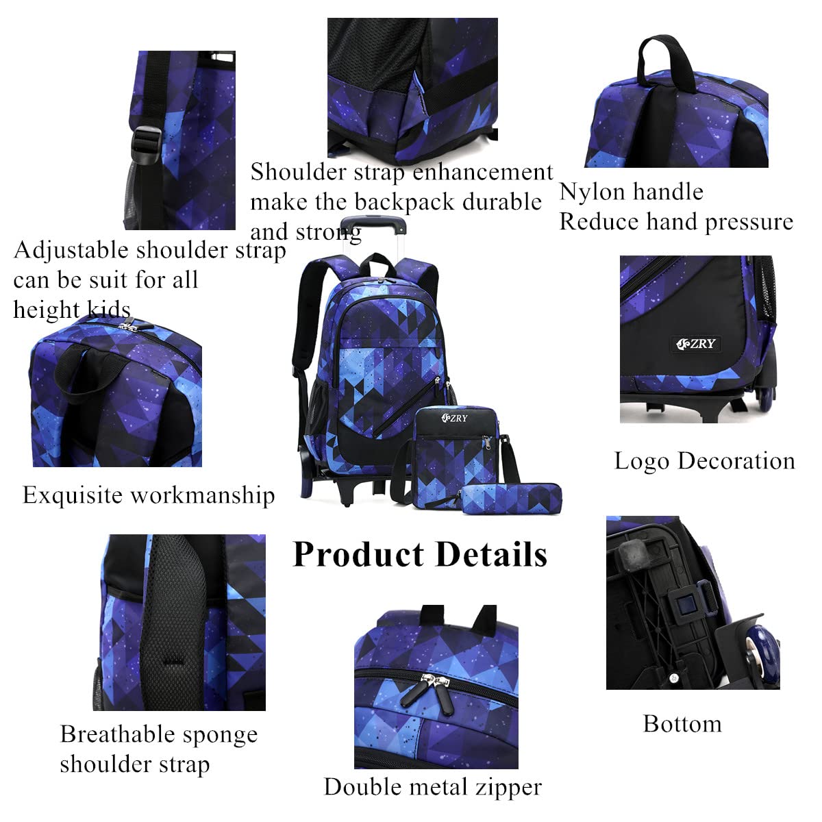VIDOSCLA 3Pcs Geometric Rolling Backpack,Elementary Students Trolley Bag,Carry-on Primary School Book Bag with Lunch Bag&Pencil Case
