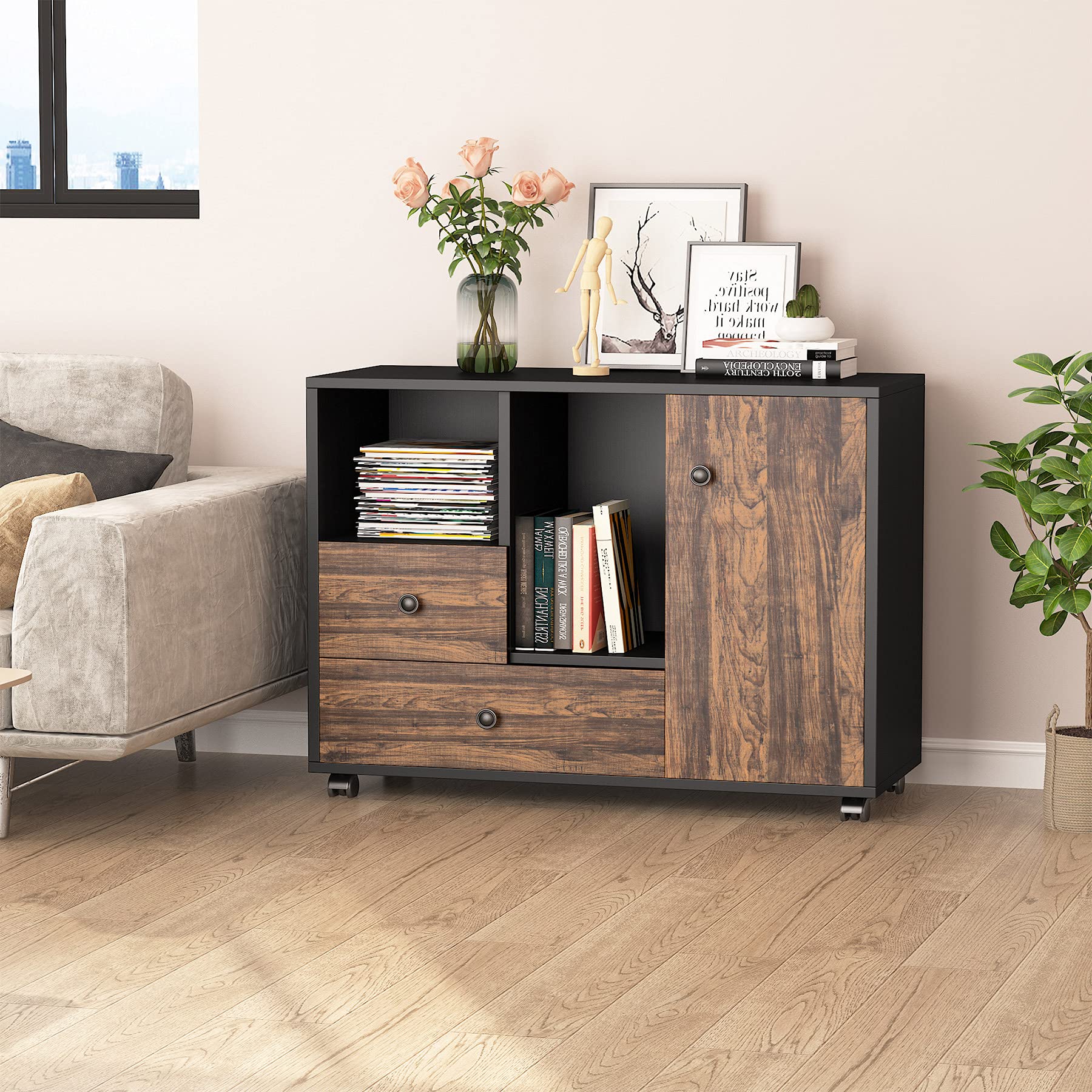 Tribesigns Lateral File Cabinet 2 Drawer,Wood Filing Cabinet with Wheels,Printer Stand with Storage Shelves for Home Office,Black & Brown